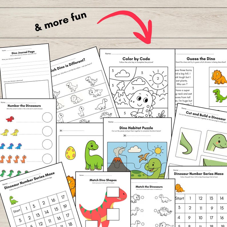 Dinosaur Activity Book: 60 Page Printable Learning Worksheets (PDF ...