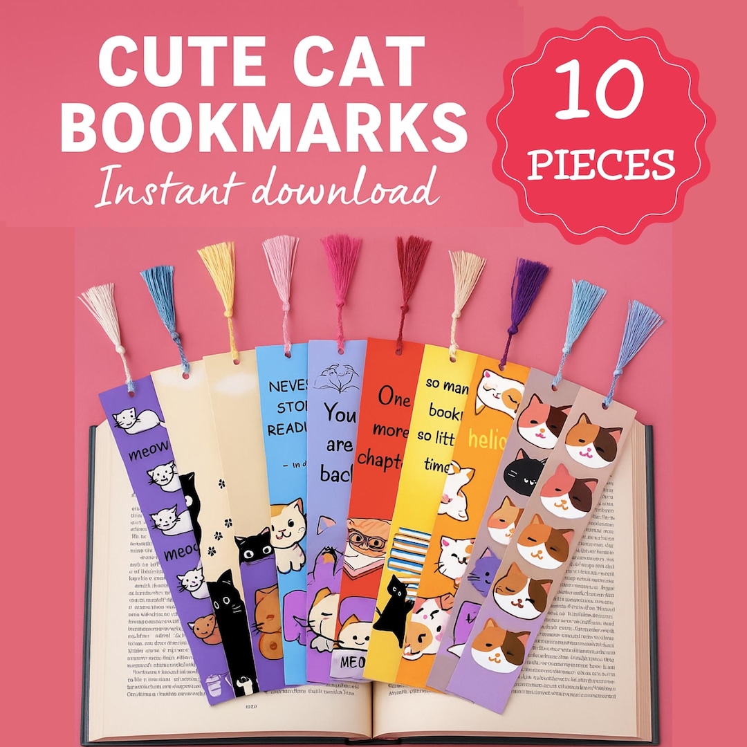 10 Cute Cat Bookmarks – Printable Cat Lover Gift – Kawaii Kitten ...