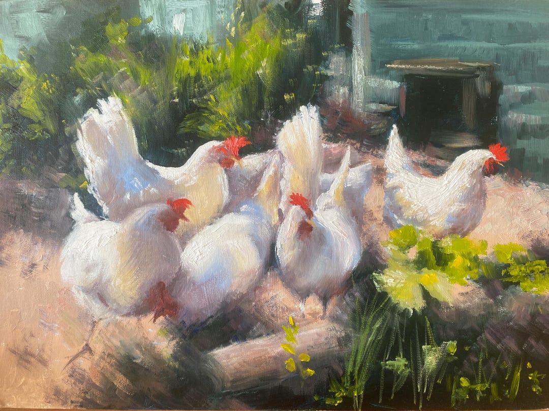 Oil Painting, Hens Original Art, Country Art, Village Artwork, Chickens ...