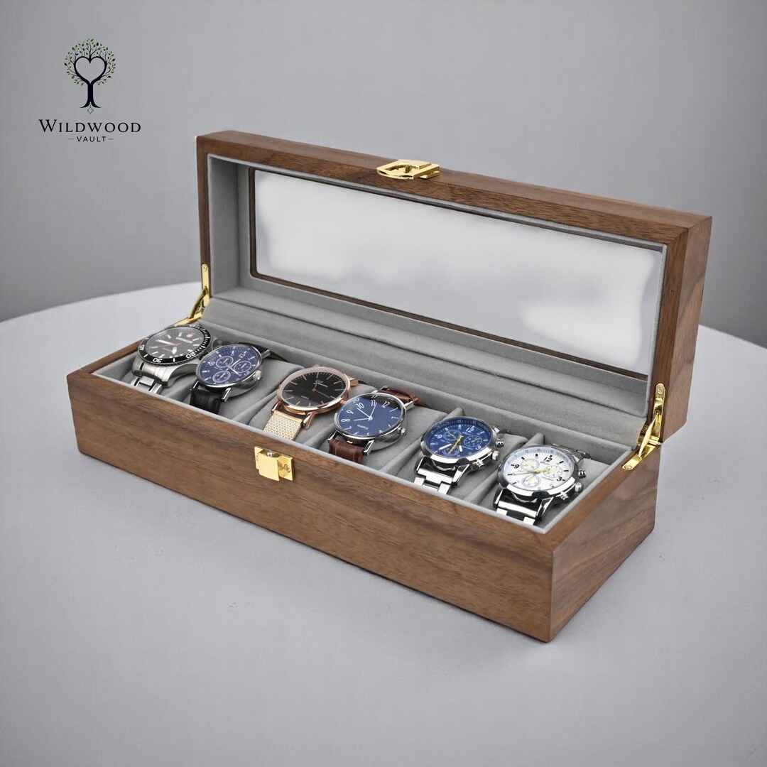 Wooden 6-position Watch Storage Display Box | Gray Walnut Leather ...