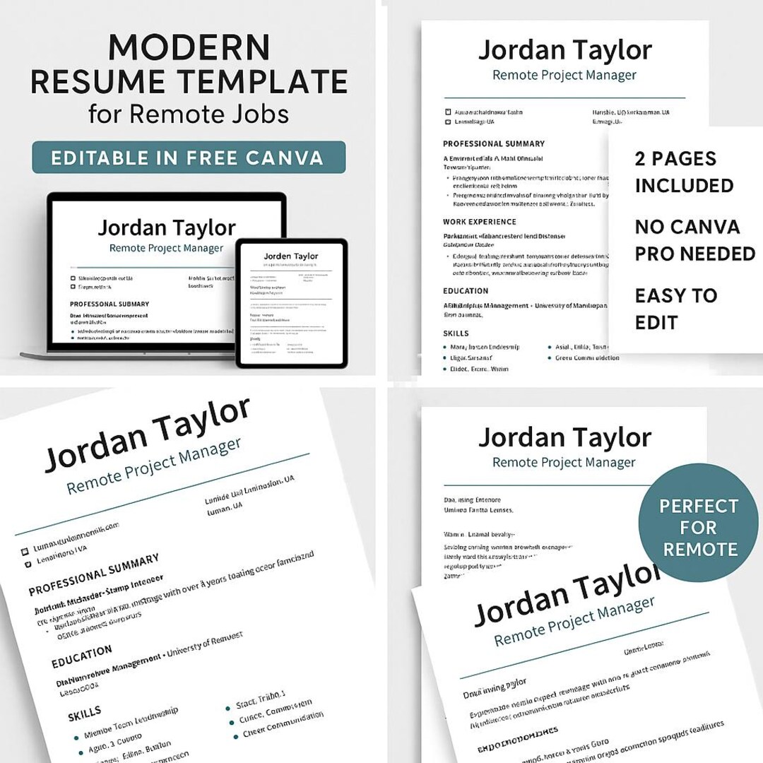 Modern Resume Template for Canva | Remote Job CV | 2 Page Resume ...