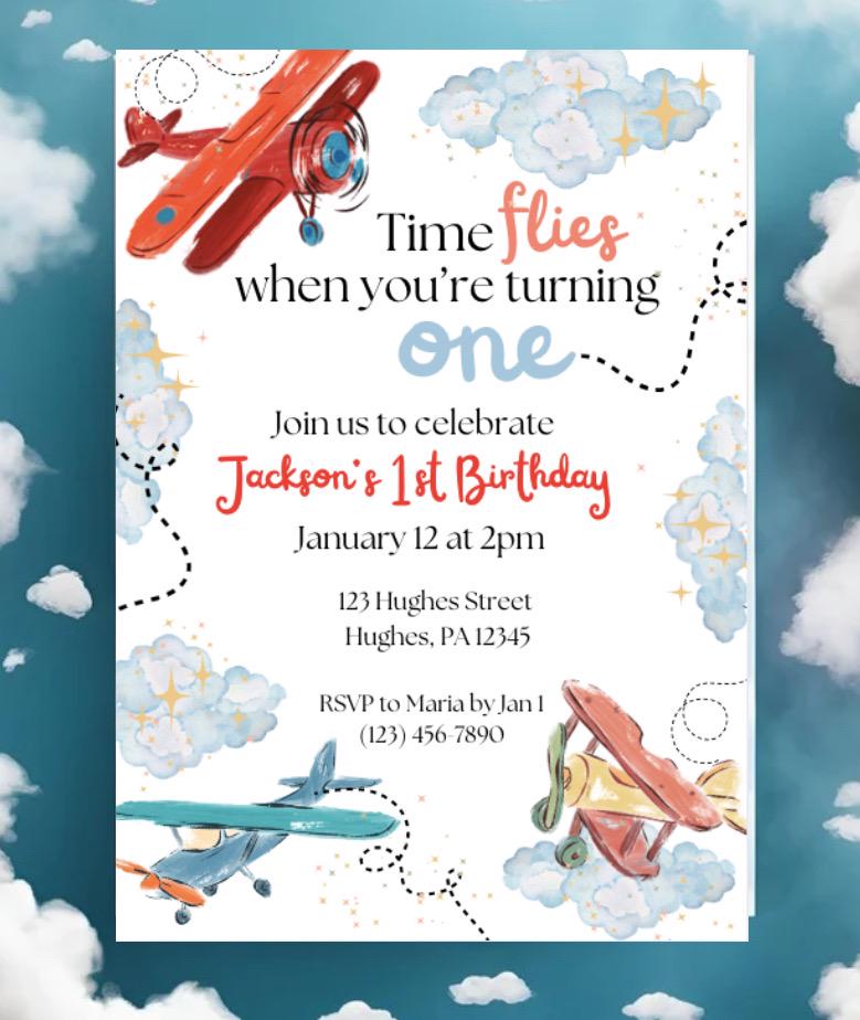 Time Flies Airplane First Birthday Invitation Template | Editable ...