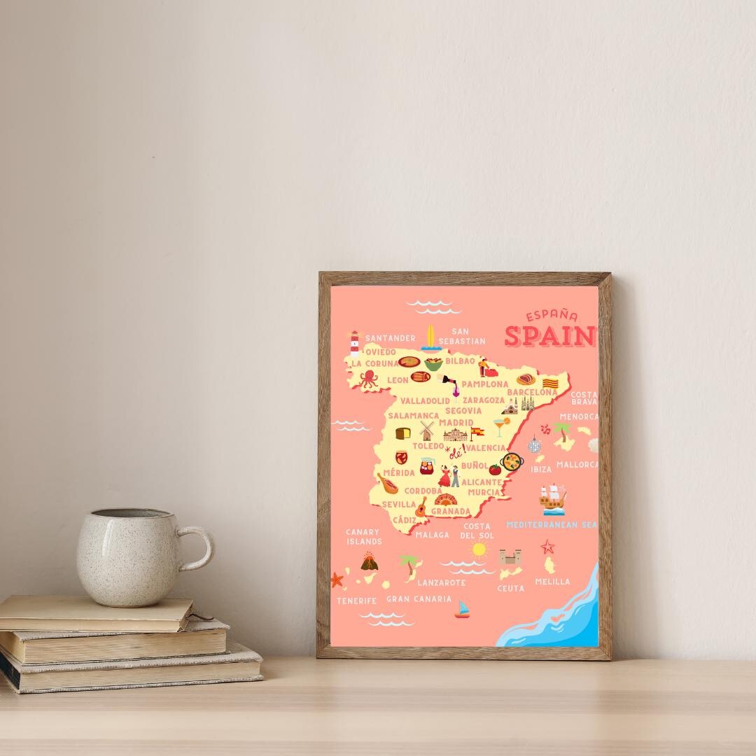 Illustrated Spain Travel Map Print, European Wall Art (digital Download ...
