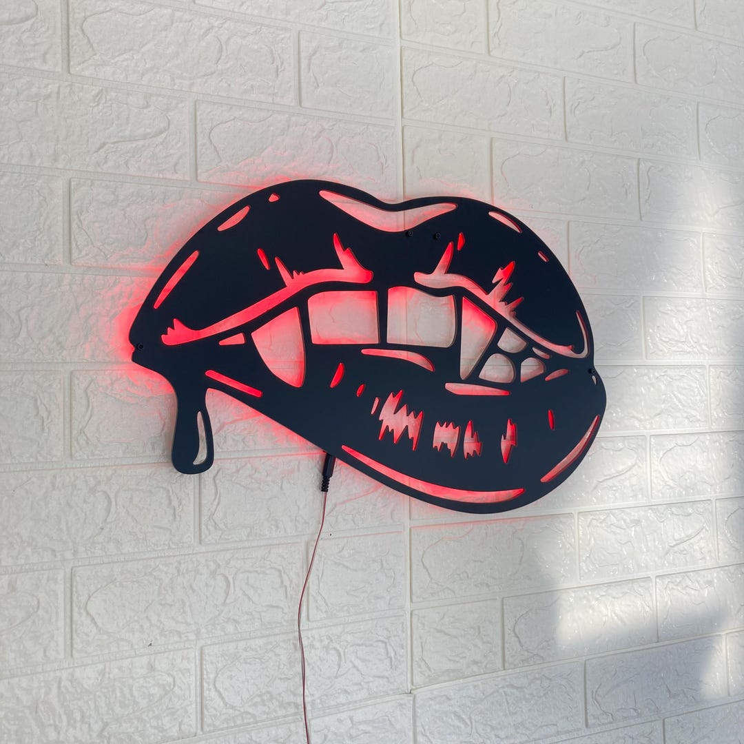 Vampire Lips LED Sign, Illuminated Gothic Silhouette Wall Art for ...
