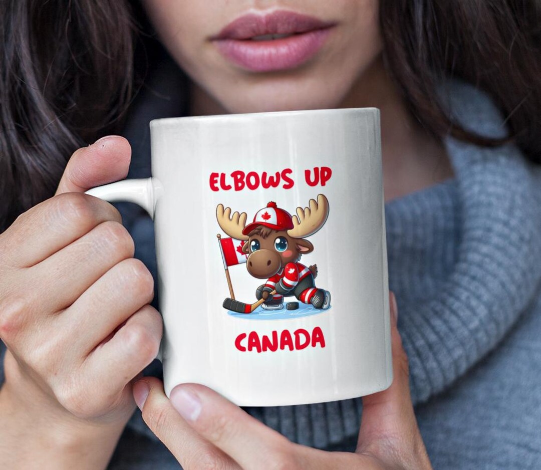 Funny Elbows up Canada Mug With Cute Hockey Moose, Canada Pride Coffee ...