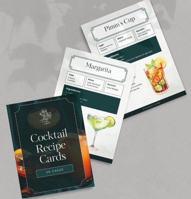 Cocktail Recipe Cards Canva, Printable Drink Recipes, Home Bar Decor ...