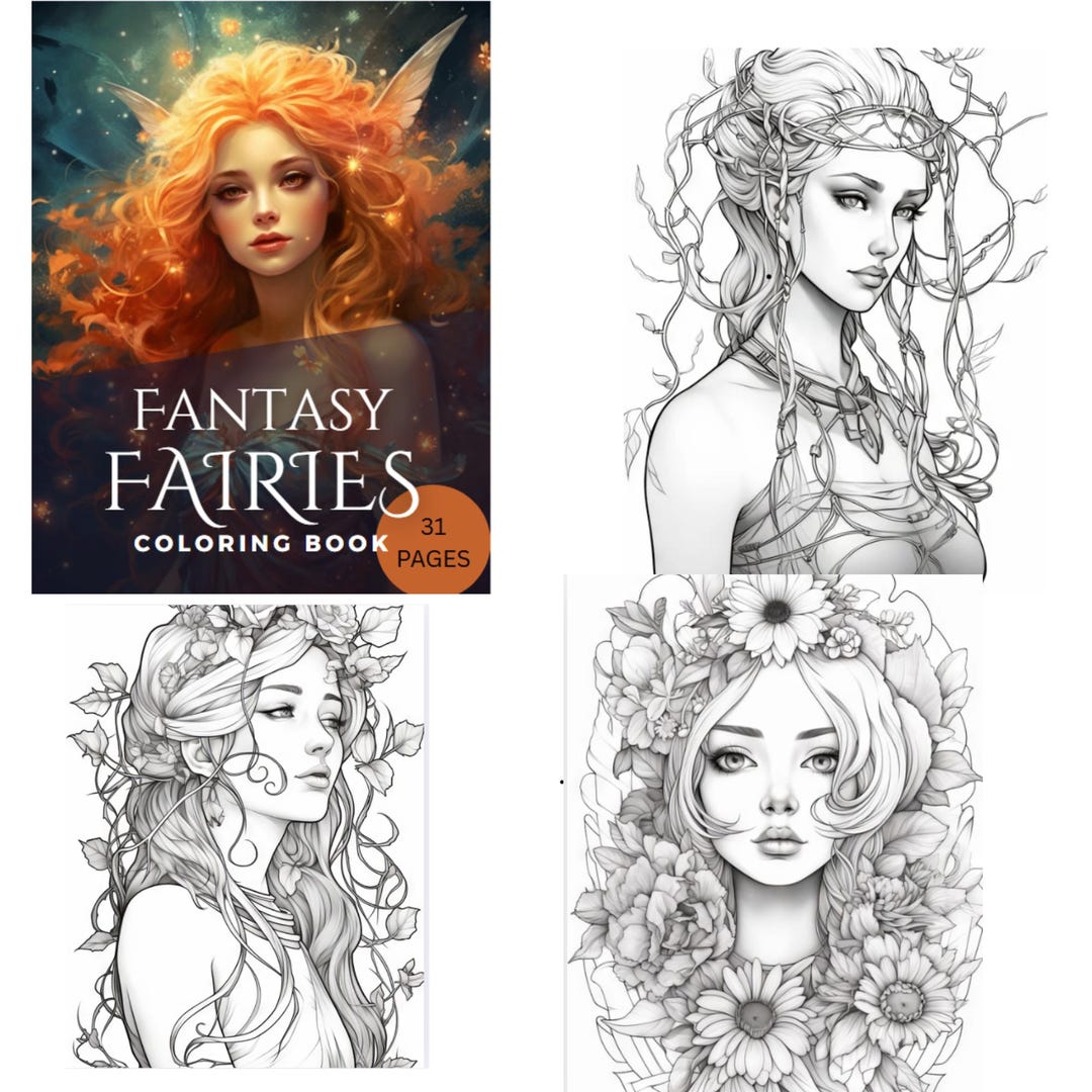Fantasy Fairies Coloring Book, Adult Coloring Book, Fairytale Coloring ...