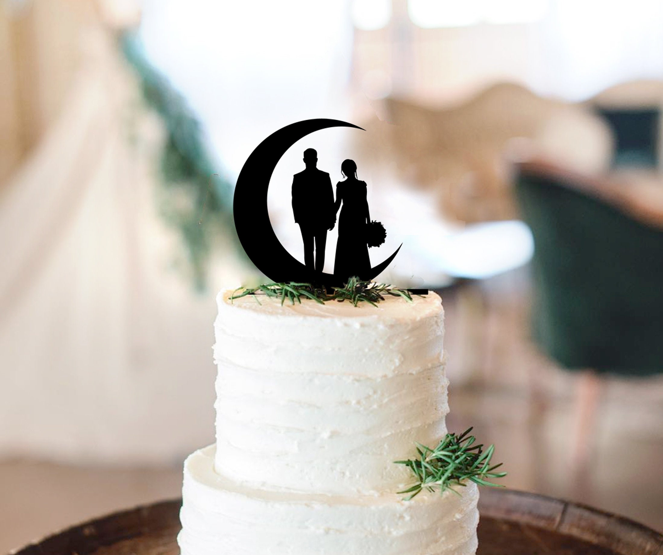 Celestial Wedding Cake Topper Couple Moon Silhouette Custom | Etsy