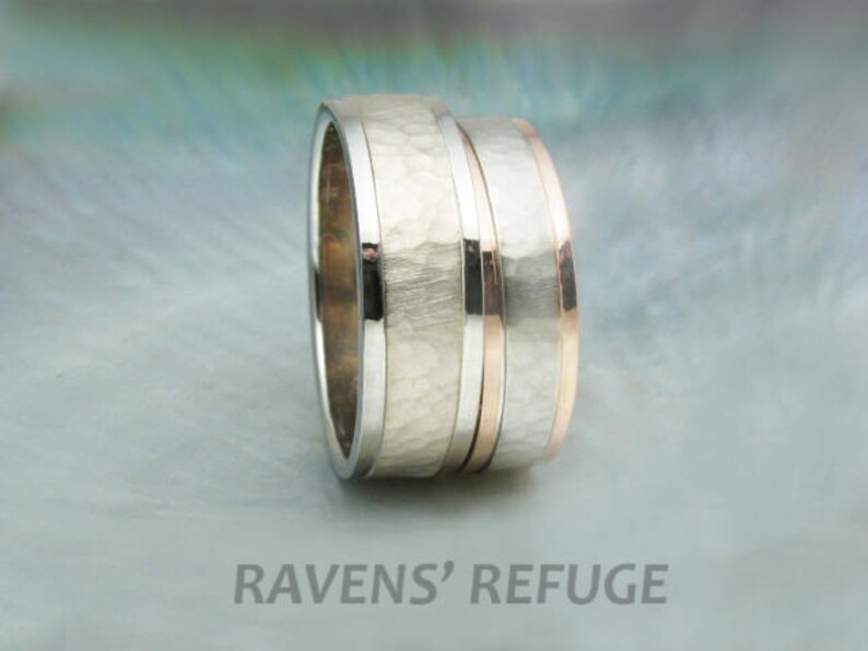 Custom Two Tone Wedding Band Set 5mm And 6mm Hammered Wedding Rings Custom Two Tone Wedding Band Set 5mm And 6mm Hammered Wedding Rings