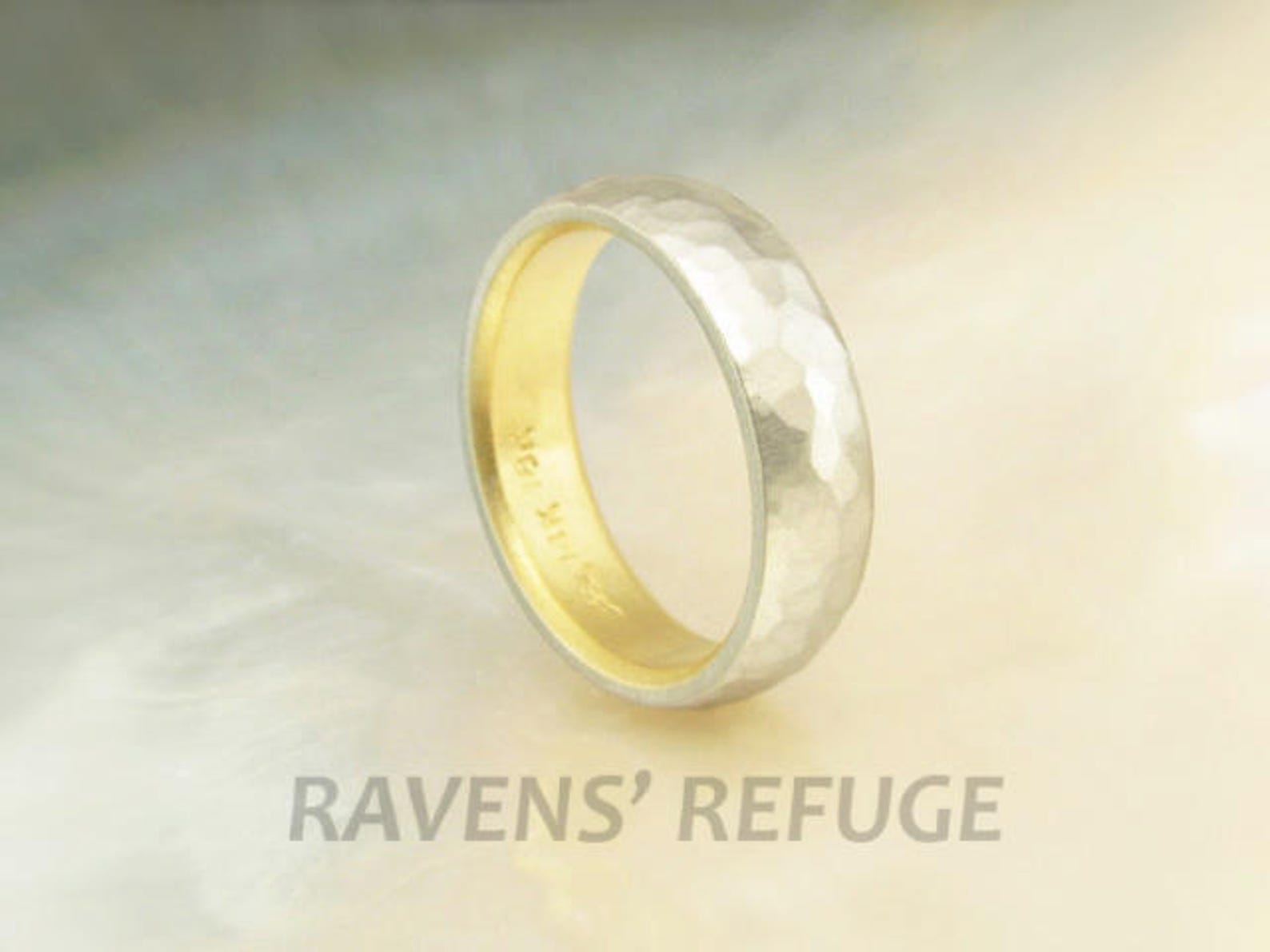 14k White Gold Hammered Wedding Ring With 18k Yellow Gold Liner -- 5mm ...