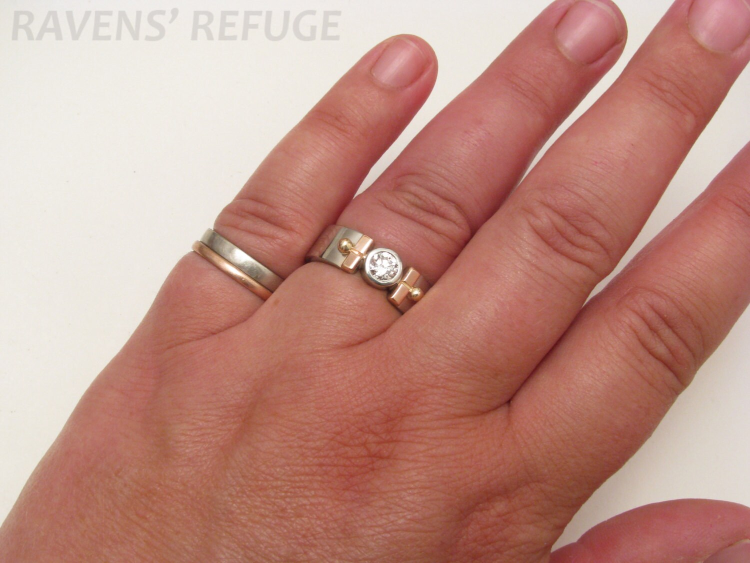 Unique Bezel Engagement Ring, Hand Forged With Tri-color Gold - Etsy