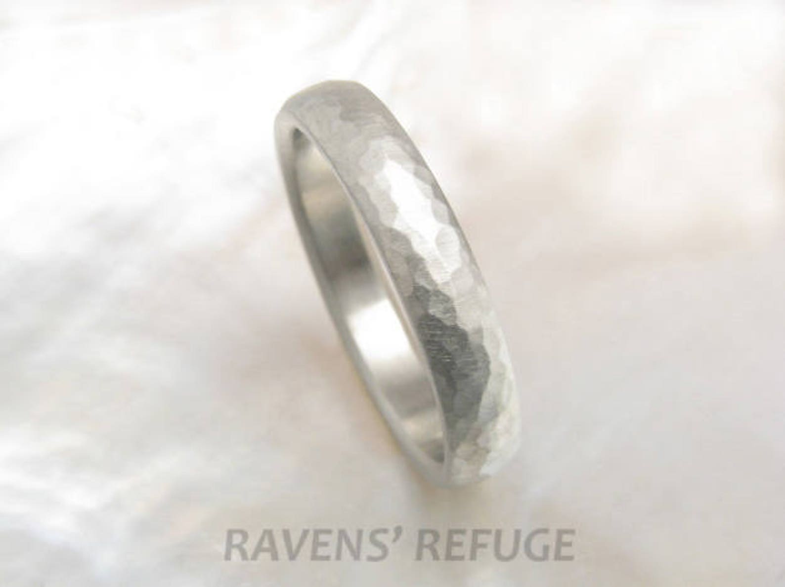 Hammered Domed Wedding Ring in 14k White Gold -- 4mm Wide, Comfort Fit ...