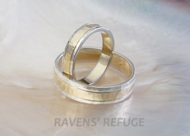 Custom Two Tone Wedding Band Set 5mm And 6mm Hammered Wedding Rings Custom Two Tone Wedding Band Set 5mm And 6mm Hammered Wedding Rings