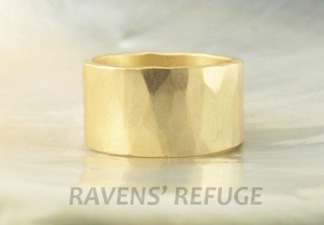10mm Wide Ring / Wedding Band in 14k Gold -- Hand Forged, Hammered ...