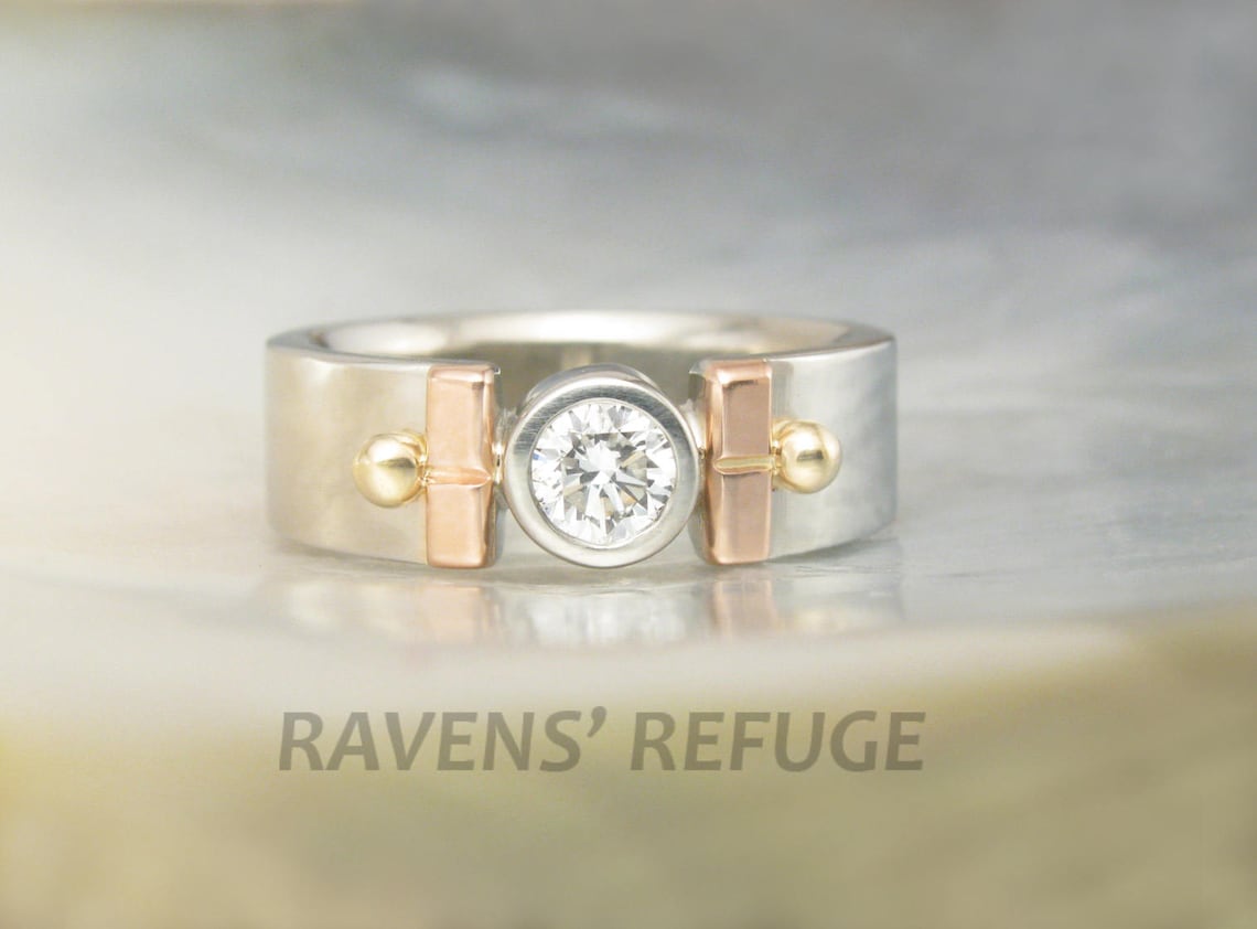Unique Bezel Engagement Ring Hand Forged With Tri-color Gold - Etsy