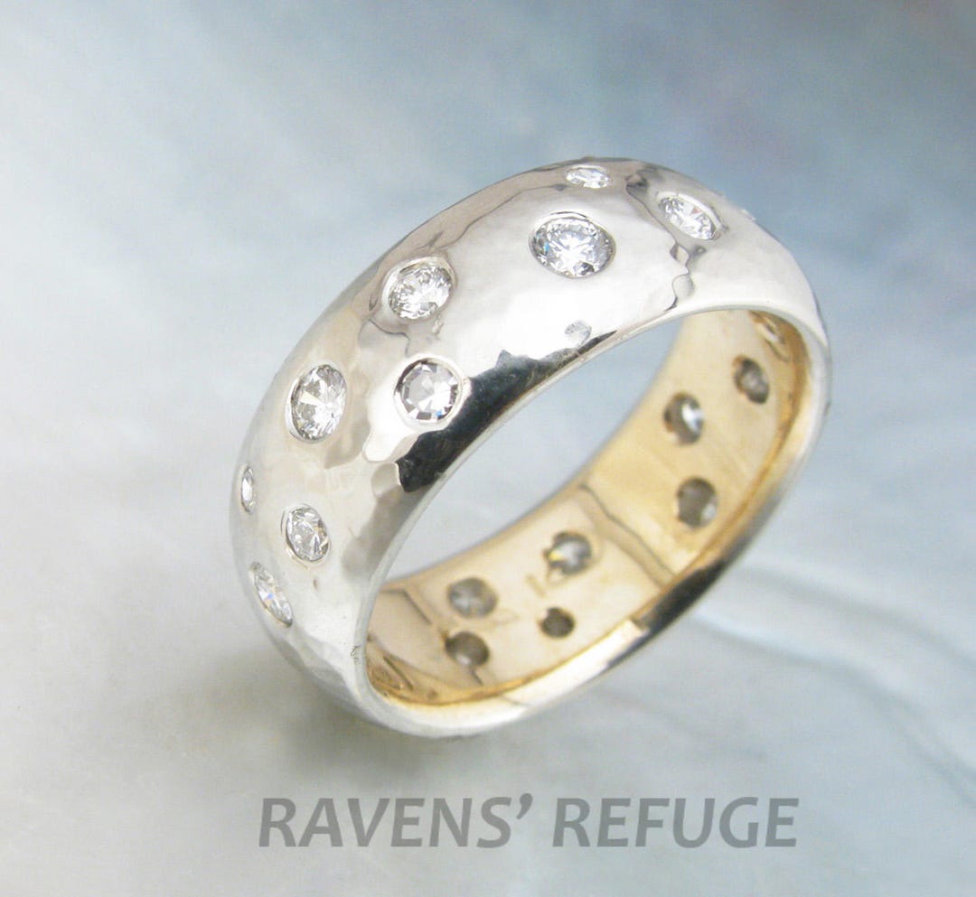 Starry Night Engagement Ring -- Flush Set Diamonds in Hammered Domed ...
