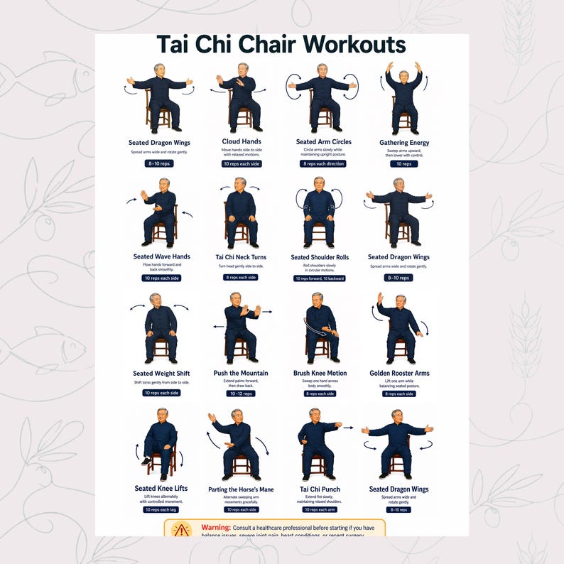 Printable Tai Chi Chair Workouts for Seniors, Tai Chi Exercise Chart ...