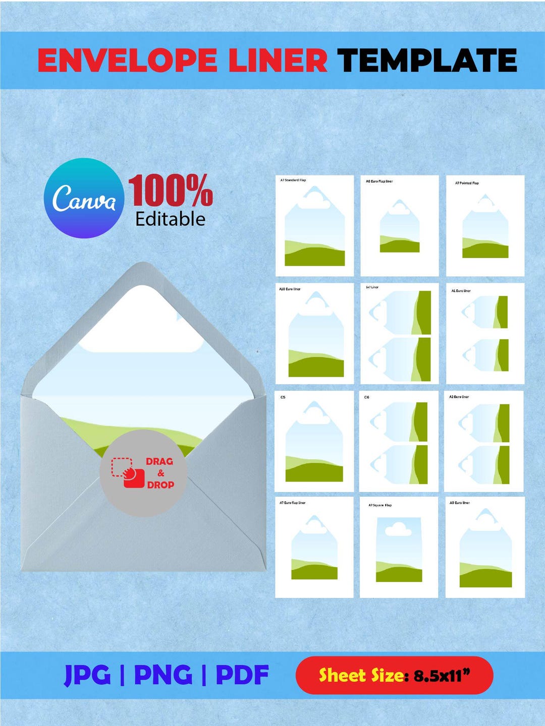 Editable Envelope Liner Template Canva, DIY Stationery Design, 12 Sizes ...