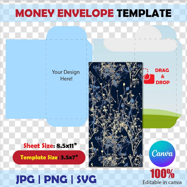 Money Holder Envelope Template SVG Printable Cash Gift Case Canva Word ...