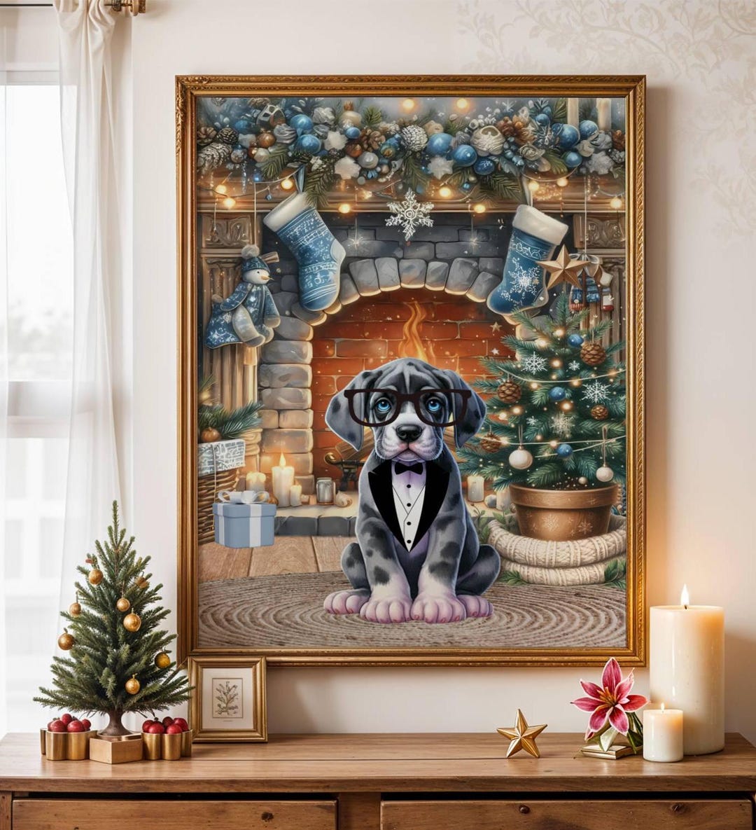 Christmas Great Dane Puppy Wall Art: Festive Dog in Tuxedo by Fireplace ...