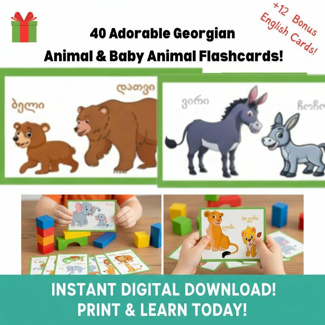 Georgian Animal Flashcards: Bilingual Learning Cards (digital Download ...