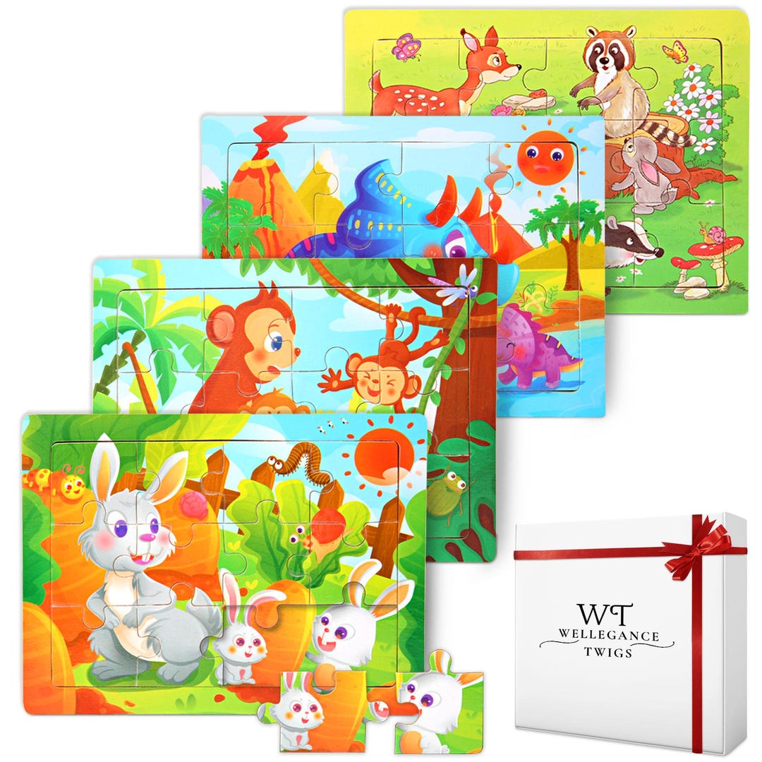 Premium Wooden 12 Piece Kids Jigsaw Puzzle Set (3-8) | 4 Animal Themed ...