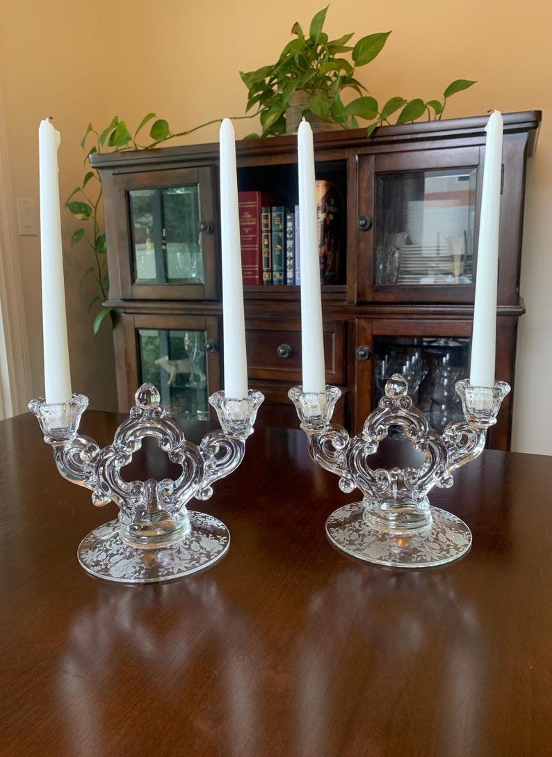 Vintage Cambridge Rose Point Candlesticks: Etched Floral Glass Keyhole ...