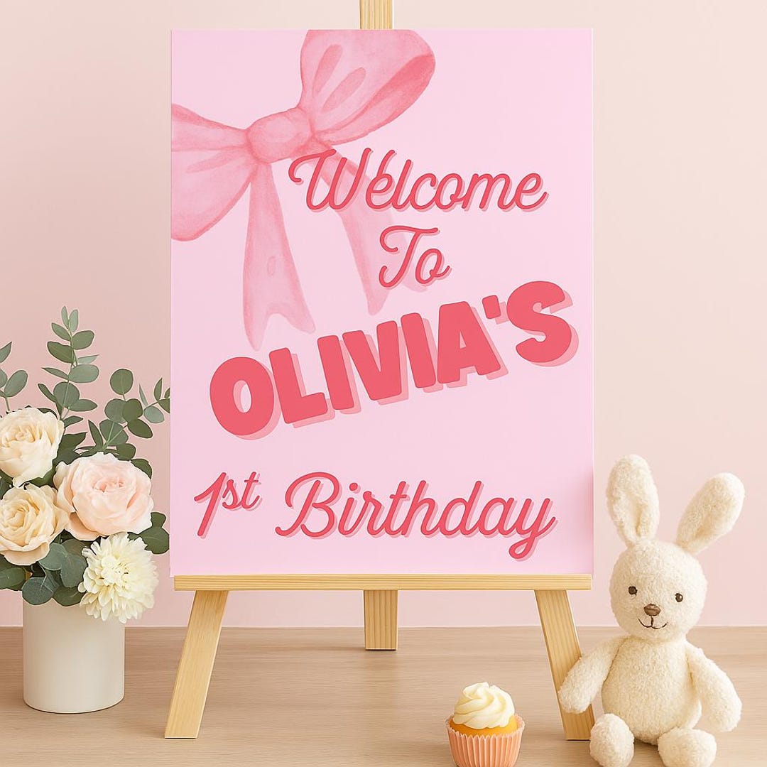 Pink Bow Welcome Sign | 1st Birthday Party Canva Template - Etsy