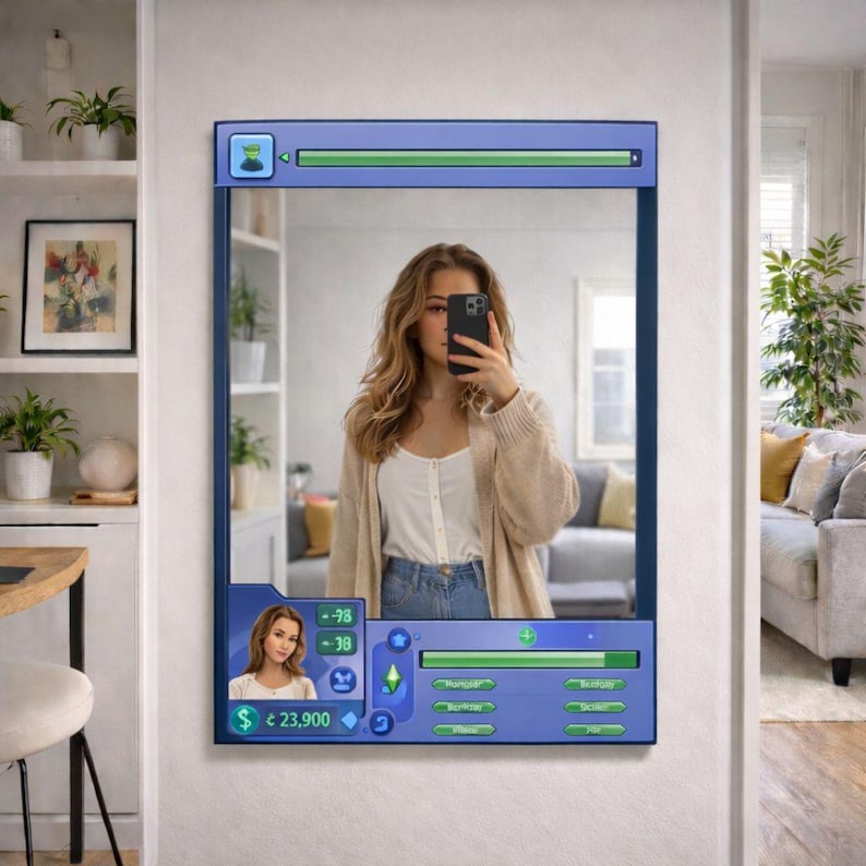 Life Simulation Game Mirror – Gamer Room Wall Mirror, Retro Game UI ...