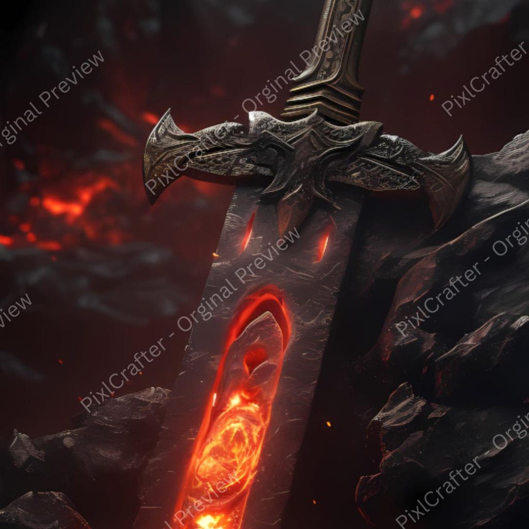 Flaming Sword Fantasy Art Print, Lava Blade Poster, Dark RPG Weapon ...