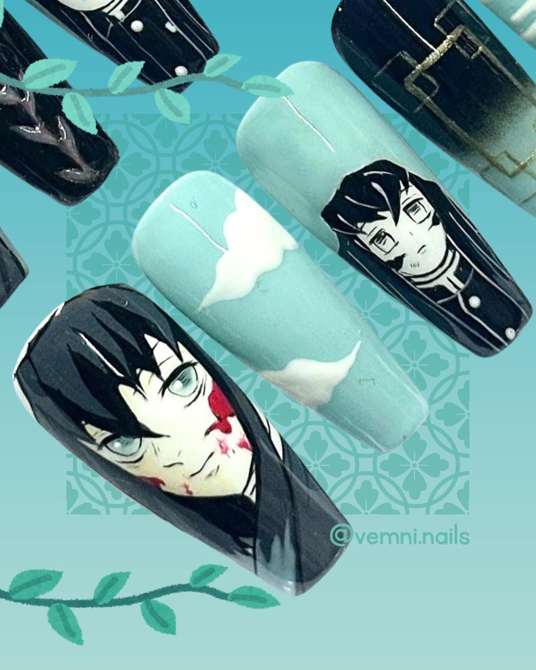 Hand-painted Press on Nails | Anime Nails | Demon Slayer Nails ...