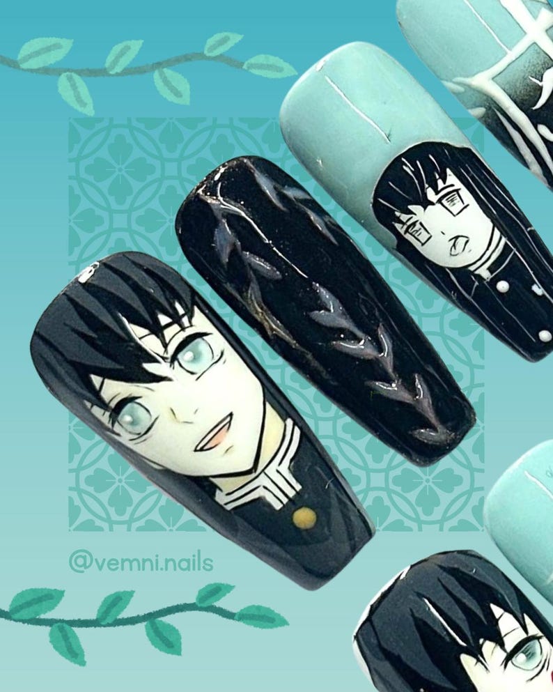 Hand-painted Press on Nails | Anime Nails | Demon Slayer Nails ...