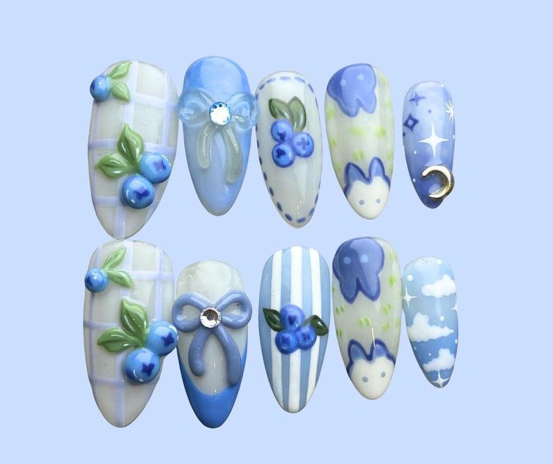 Hand-painted Press on Nails | 3D Blueberry Nails | Bunny Nails | Cute ...