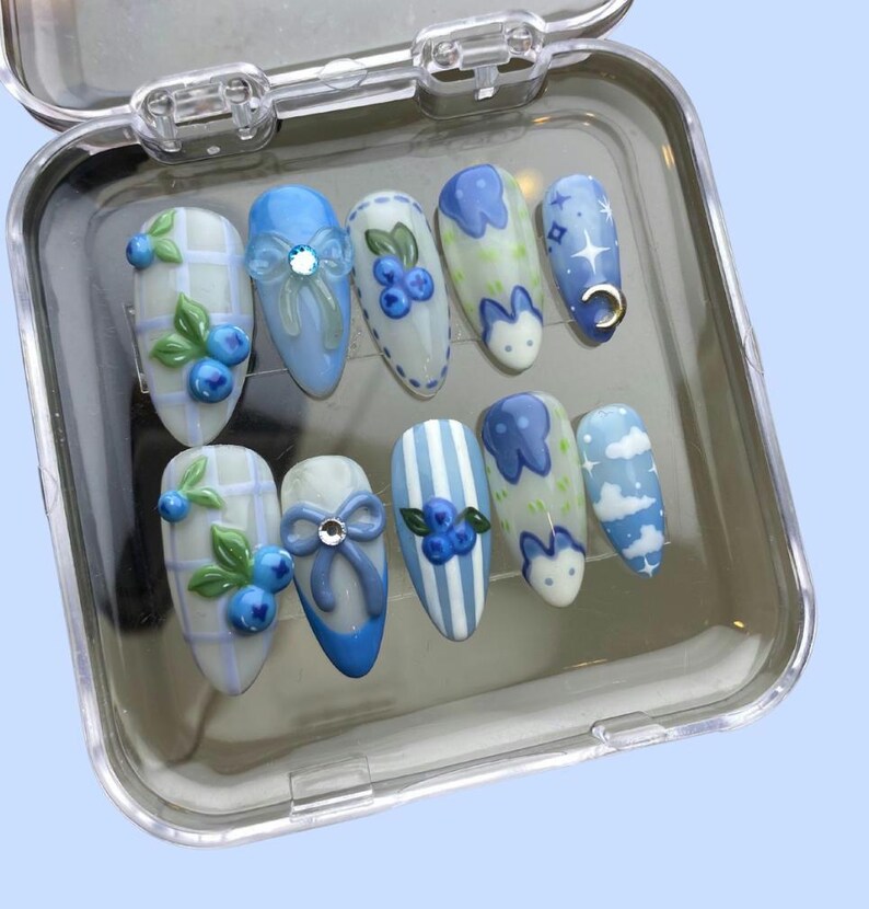 Hand-painted Press on Nails | 3D Blueberry Nails | Bunny Nails | Cute ...