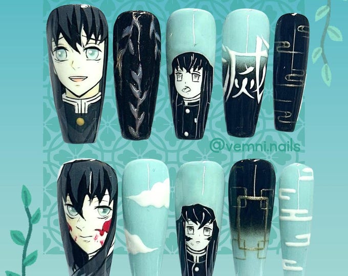 Muichiro Tokito Mist Hashira Anime Nails | Blue Cyan Turquoise Ombre ...