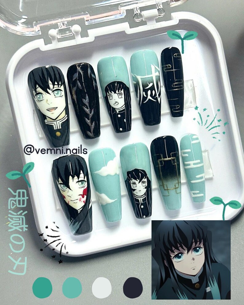 Hand-painted Press on Nails | Anime Nails | Demon Slayer Nails ...
