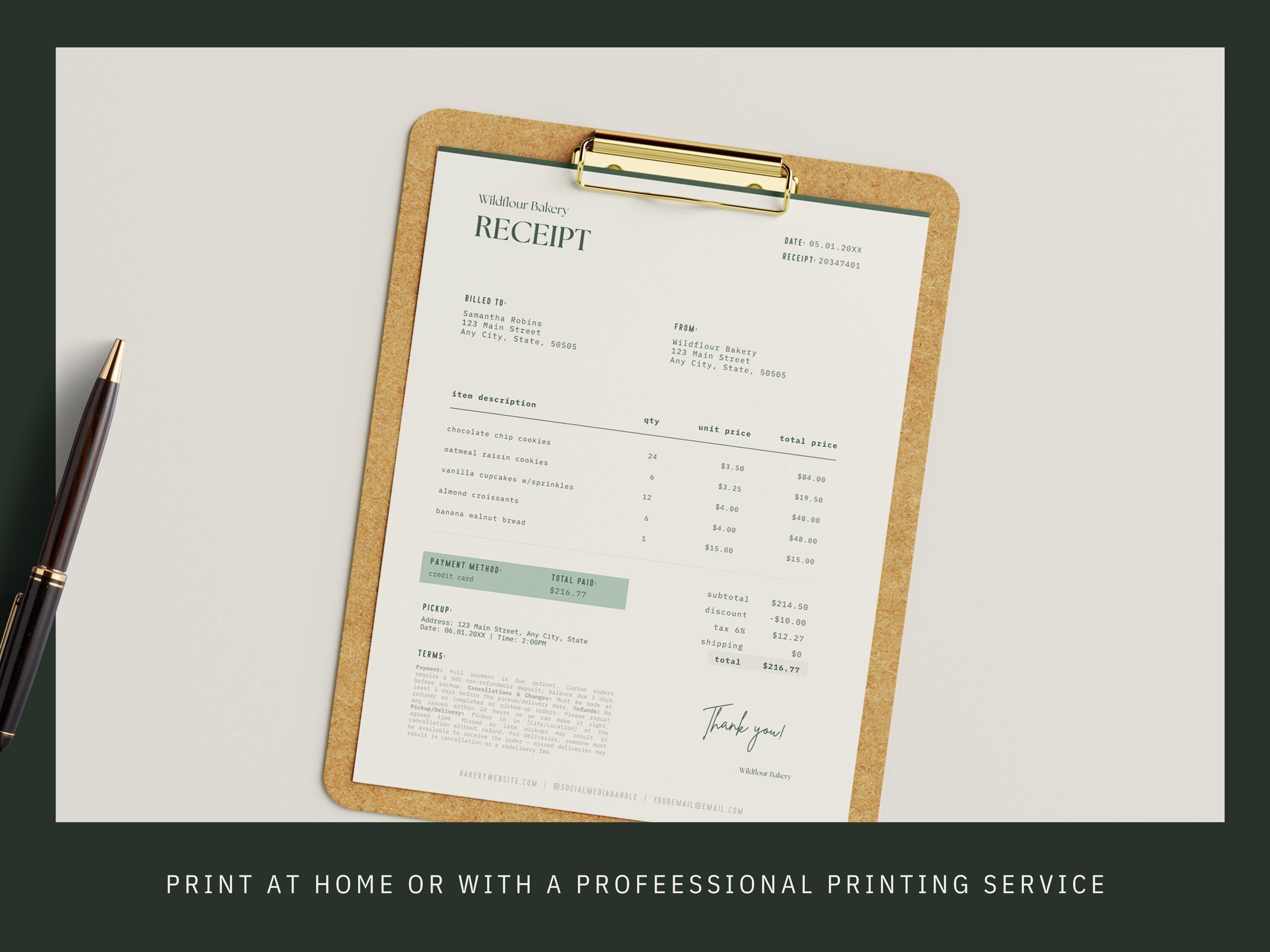 Invoice and Receipt Templates - Printable, Editable Bakery Forms for ...