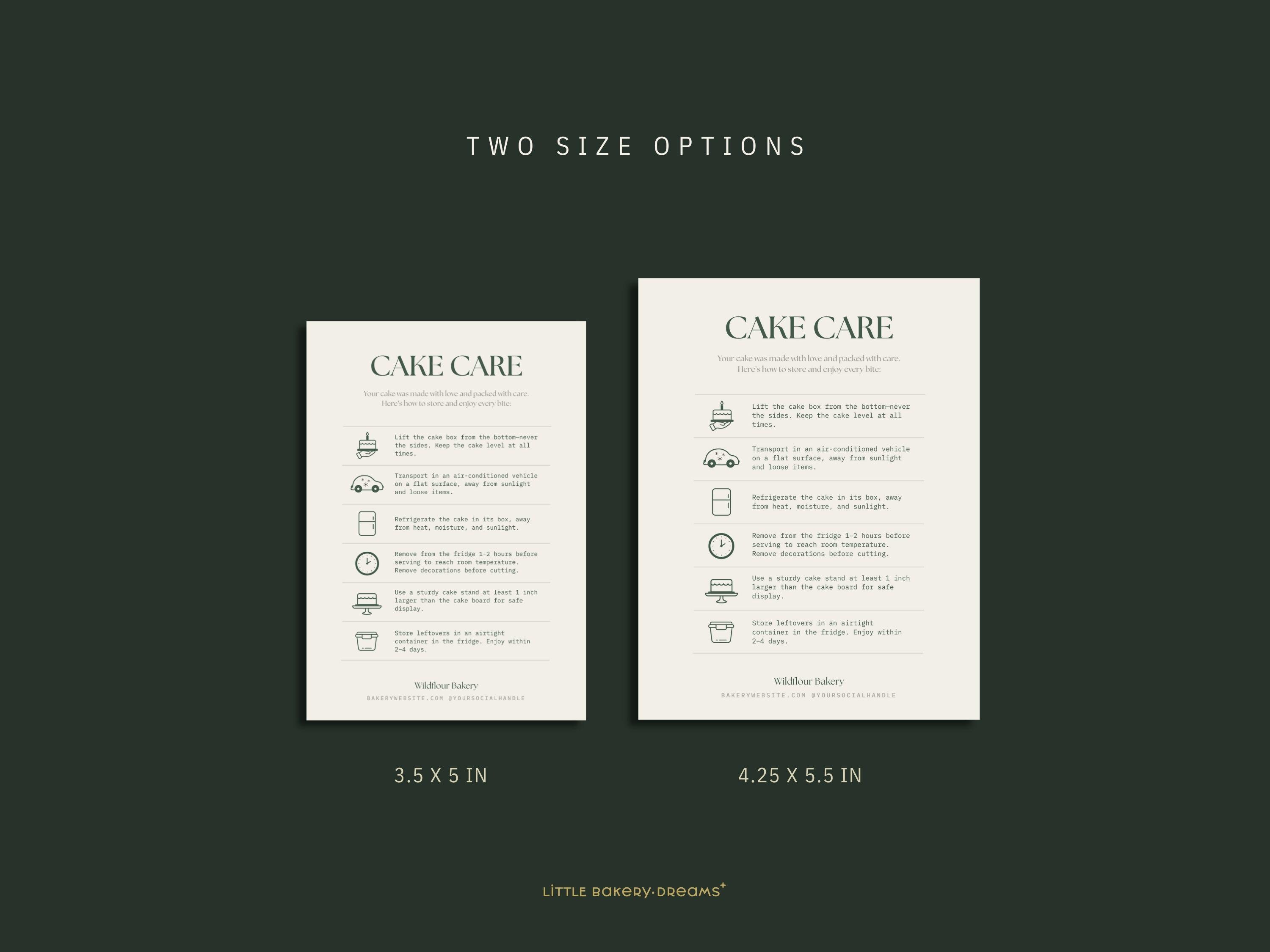 Cake Care Card Template - Printable, Editable Cake Care Guide ...