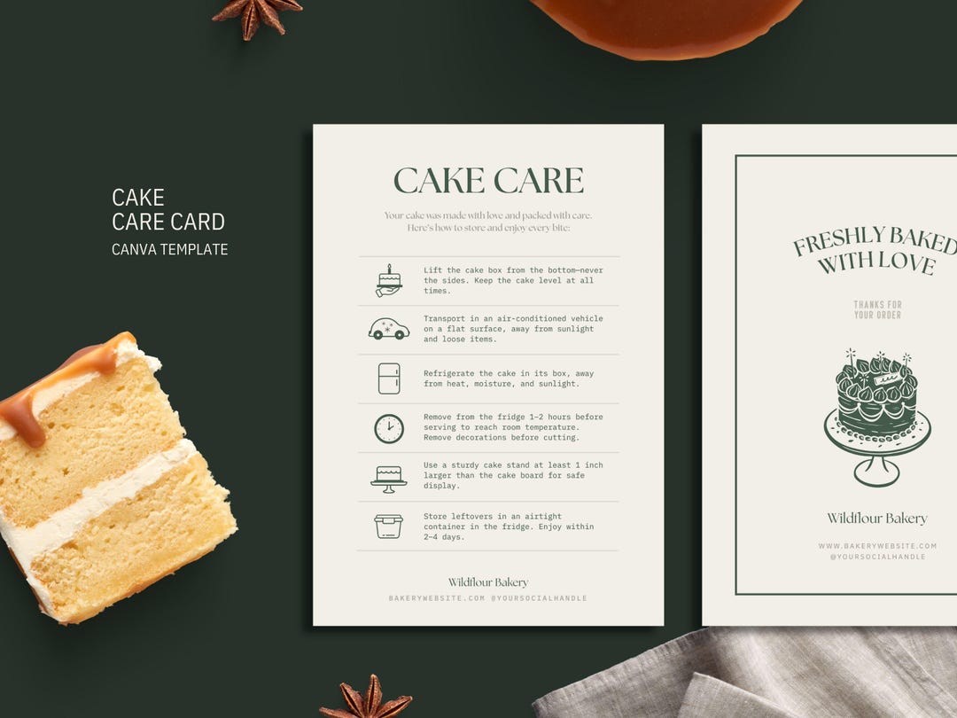 Cake Care Card Template: Modern Bakery Instructions, Care Guide (canva ...