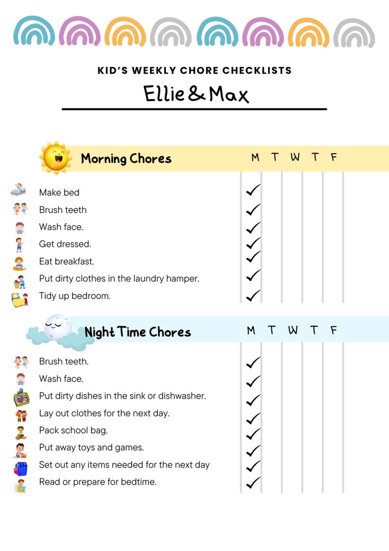 Kids Editable Chore Chart | Weekly Responsibility Checklist (PDF) - Etsy