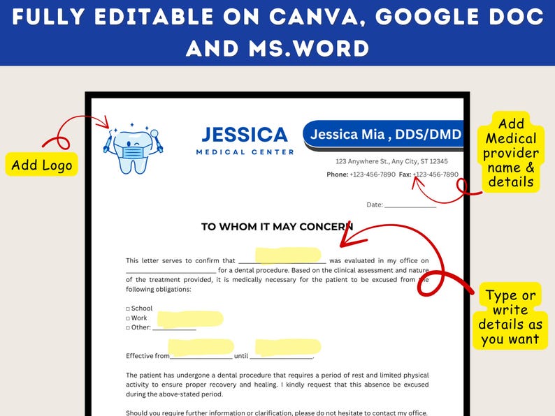 Editable Dental & Orthodontic Excuse Note | Dentist Work/school Note ...