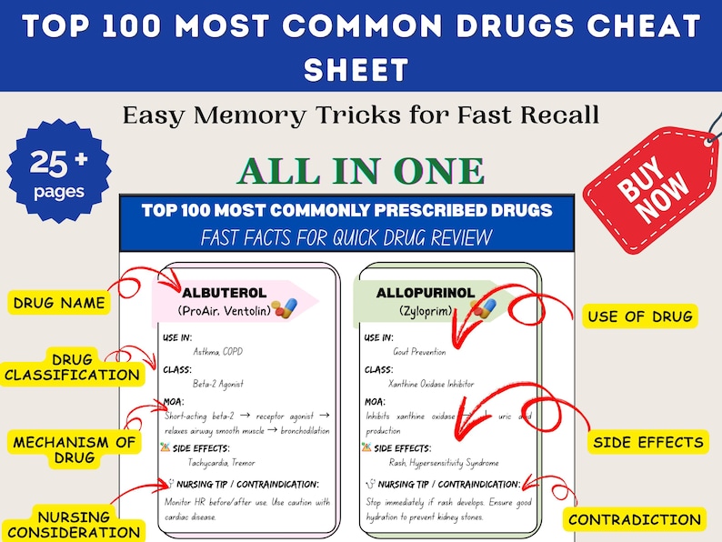 Top 100 Common Drugs Cheat Sheet | Nursing Pharmacology Reference PDF ...