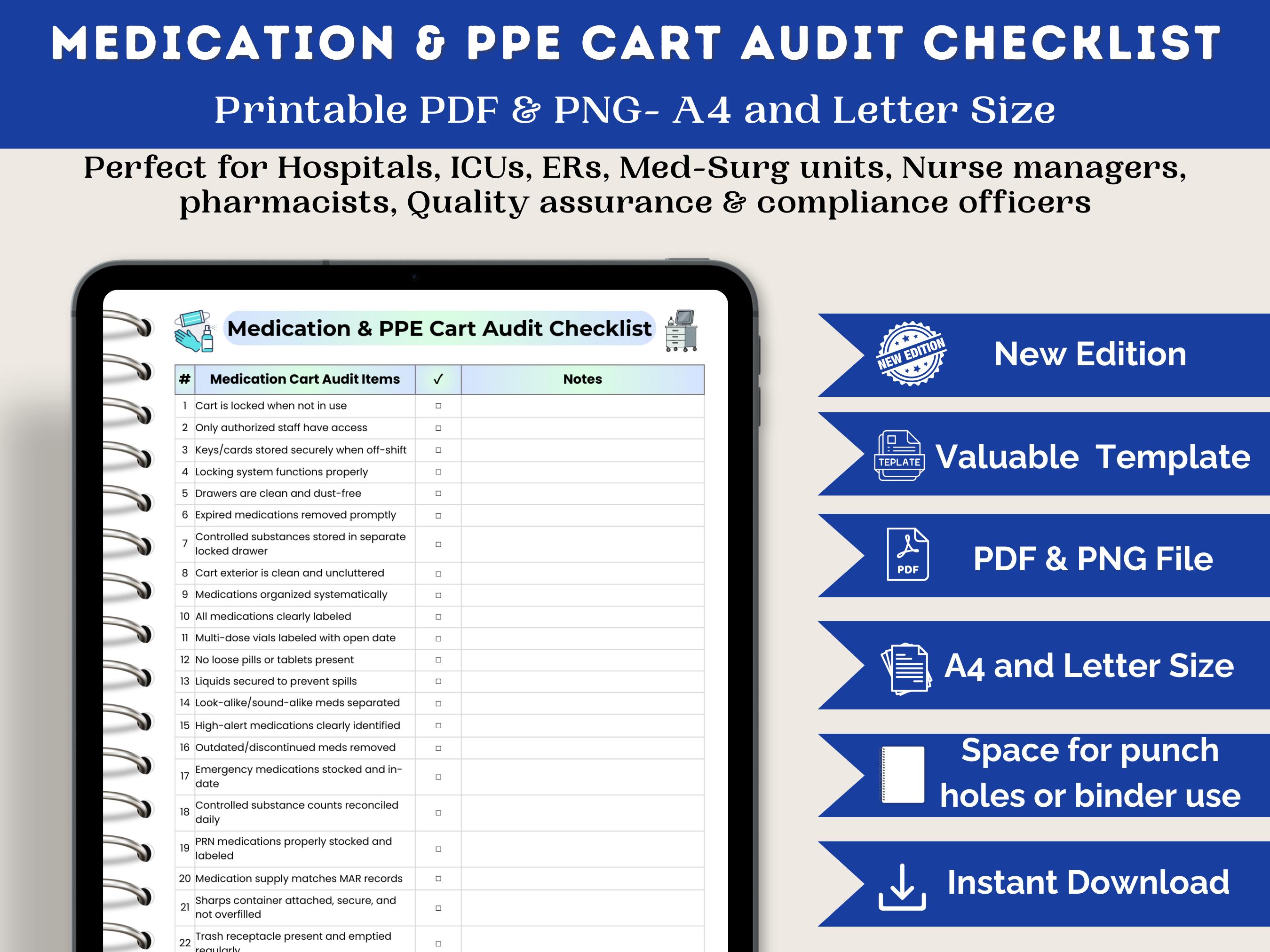 Medication & PPE Cart Audit Checklist | Nursing Compliance Sheet ...