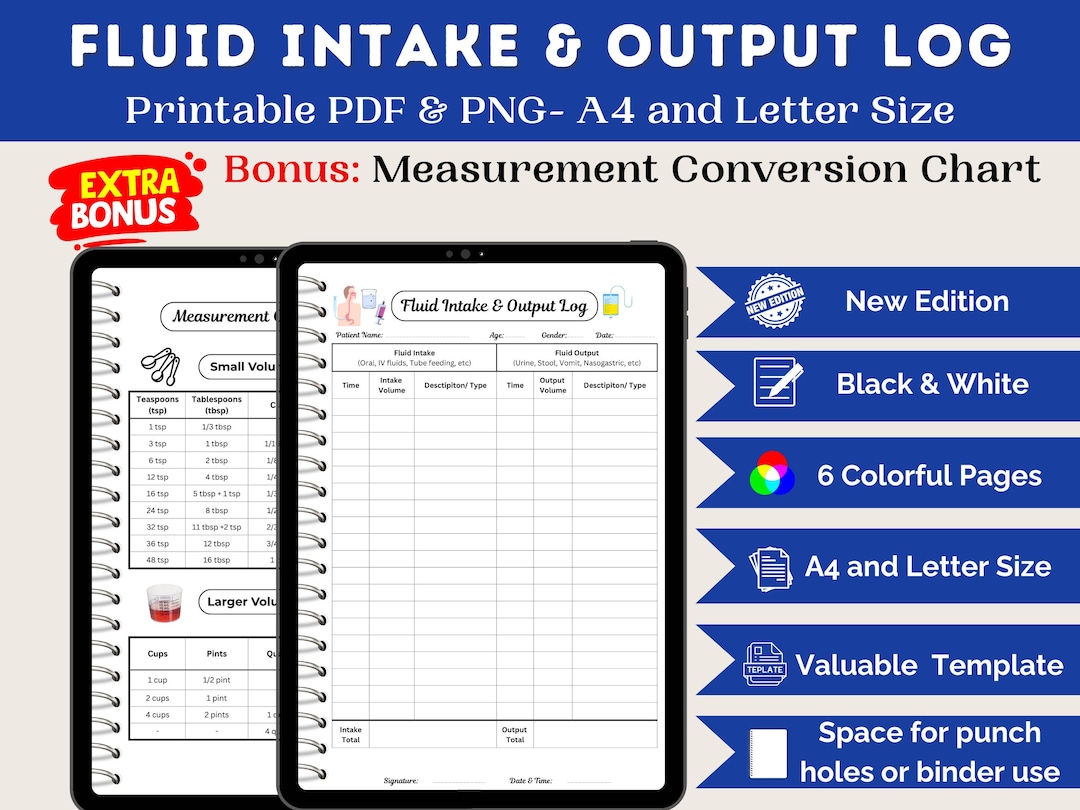 Printable Fluid Intake and Output Nursing Log and Conversion Chart | Fluid Balance Chart ...