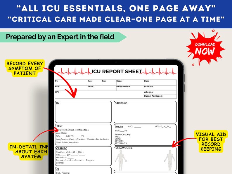 ICU RN Report Sheet | One-page ICU Nurse Template | Critical Care ...