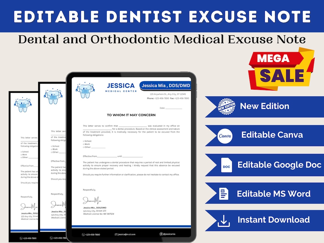 Editable Dental & Orthodontic Excuse Note | Dentist Work/school Note ...