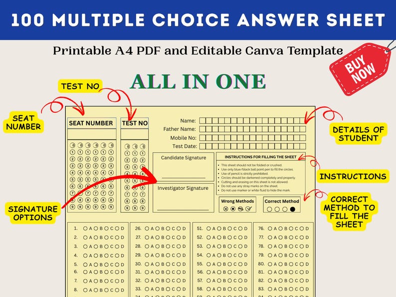 Multiple Choice Answer Sheet | Printable A4 PDF and Editable Canva ...
