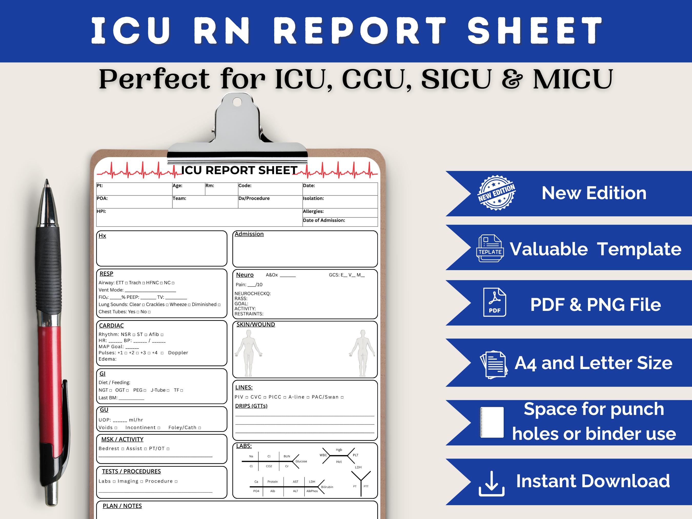 ICU RN Report Sheet | One-page ICU Nurse Template | Critical Care ...