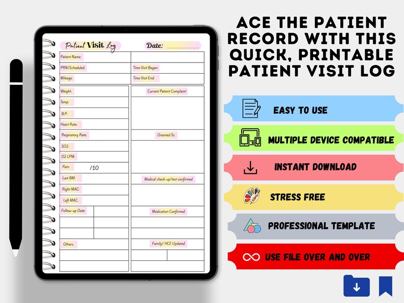 Printable Patient Visit Log | Nursing Documentation Sheet for Home ...