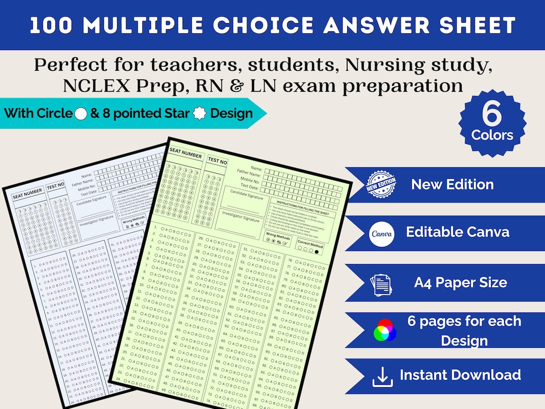 Multiple Choice Answer Sheet PDF & Canva | Fillable Bubble and Star ...